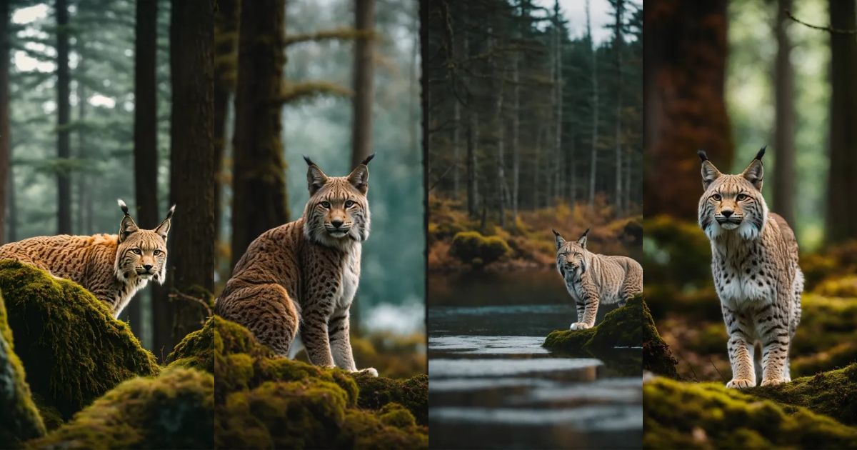 Lexica - Minimal, cinematic, a lynx among the trees, forest lake, moss ...