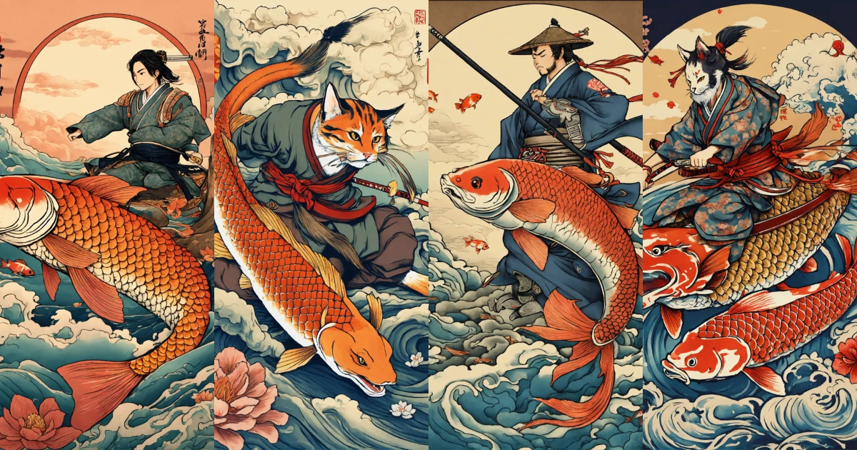Lexica - T-shirt design, samurai cat riding on a big carp koi, by Kanō ...
