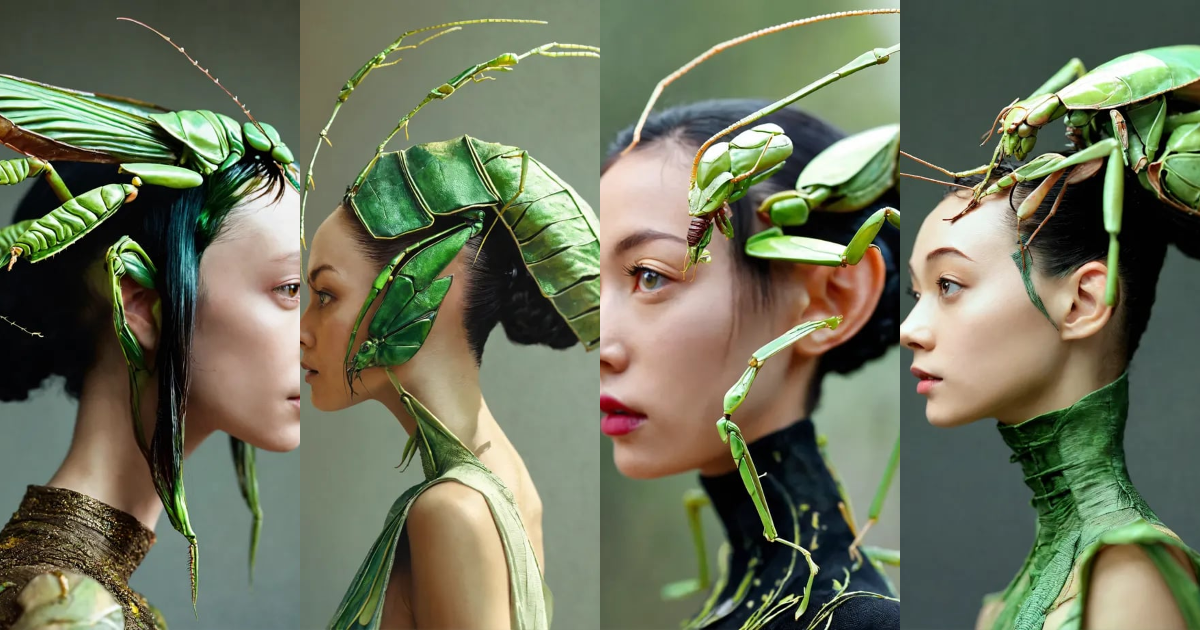 Lexica - A woman with hairstyle made from fictional artistic Mantis