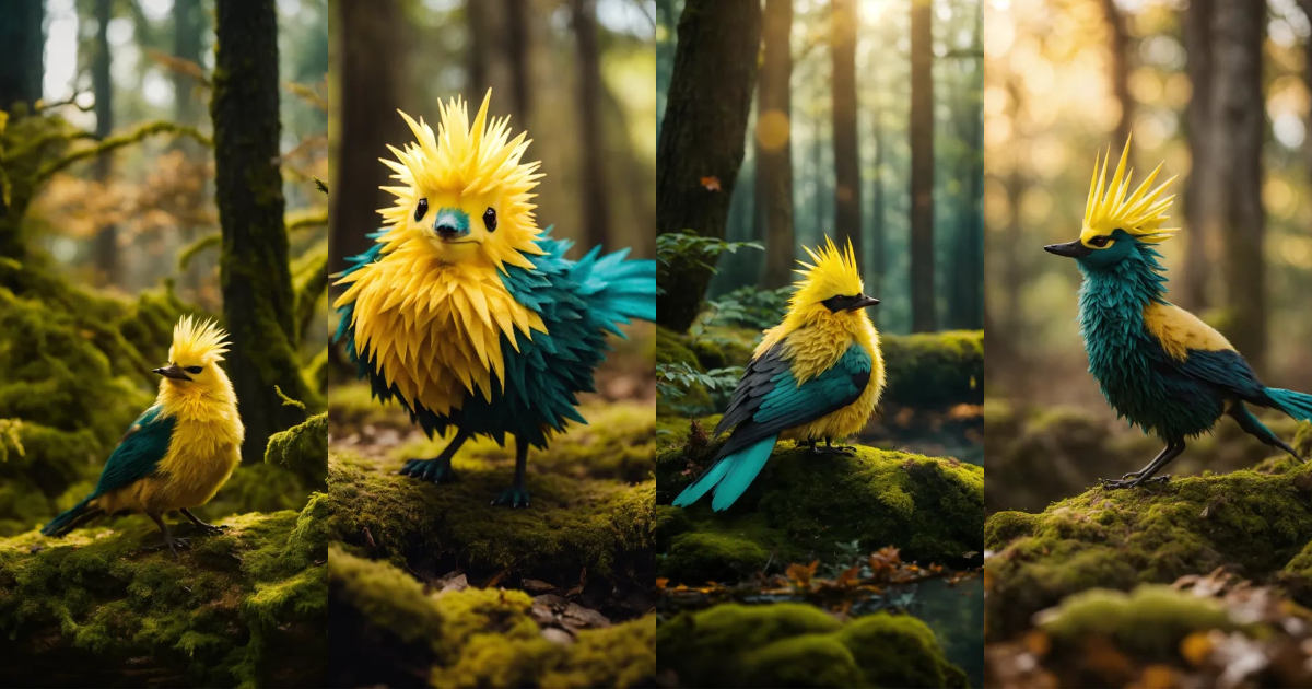 Lexica - A realistic zapdos animal among the trees, forest lake, moss ...