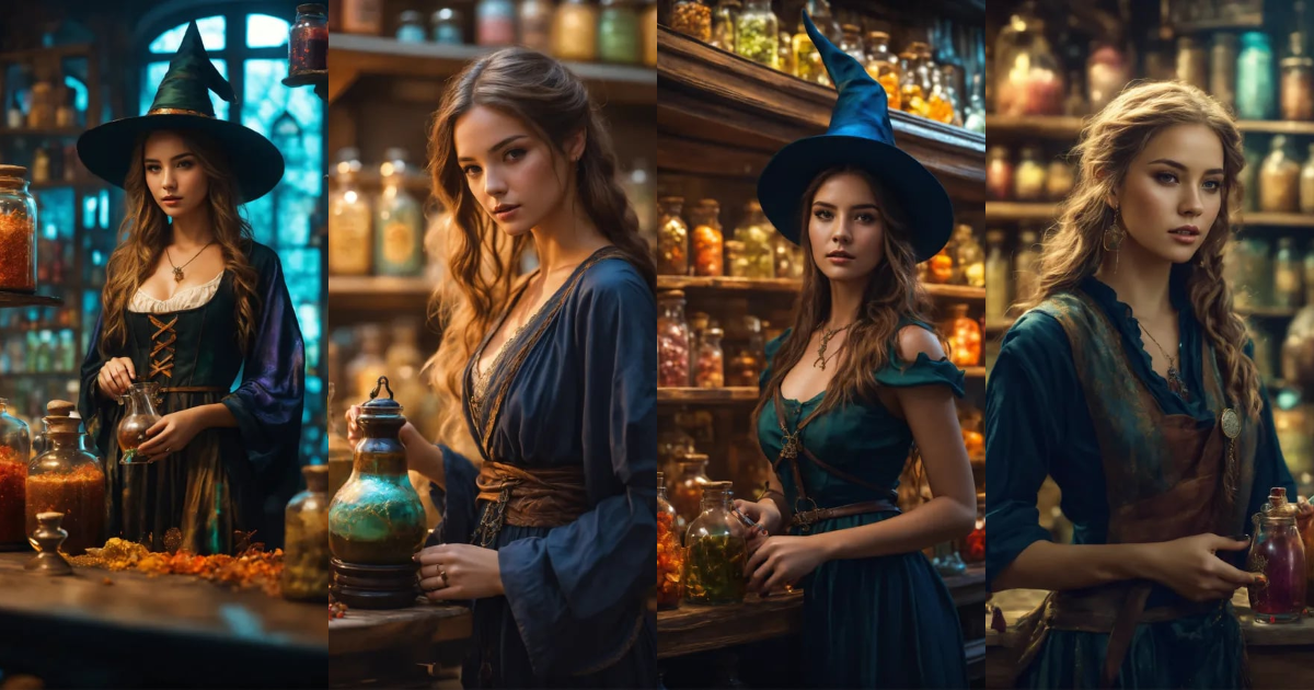 Lexica - Beautiful girl in a store awesome witch potions and potions ...