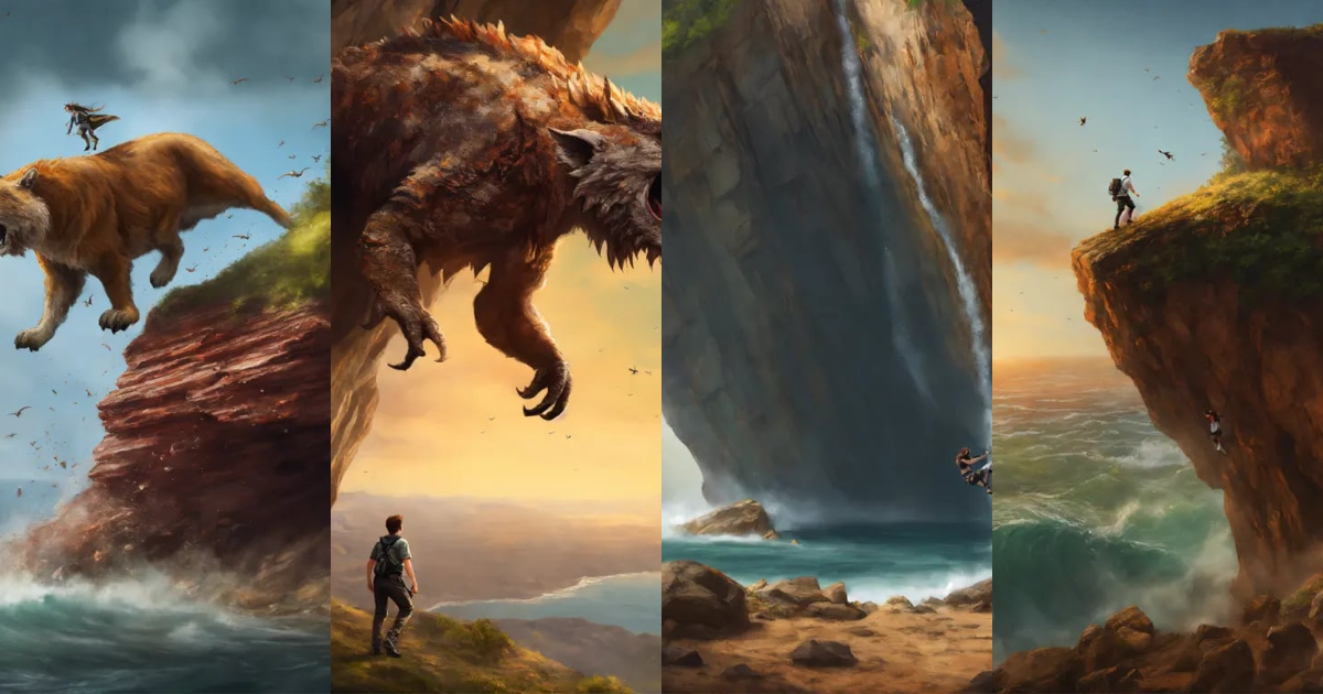 Lexica - Cliff falling on creature, digital painting, hyperrealistic ...