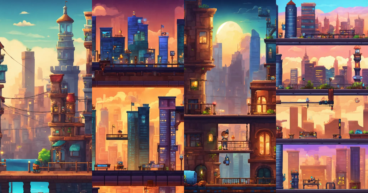 Lexica - 2d mobile platform game cityscape with main platform