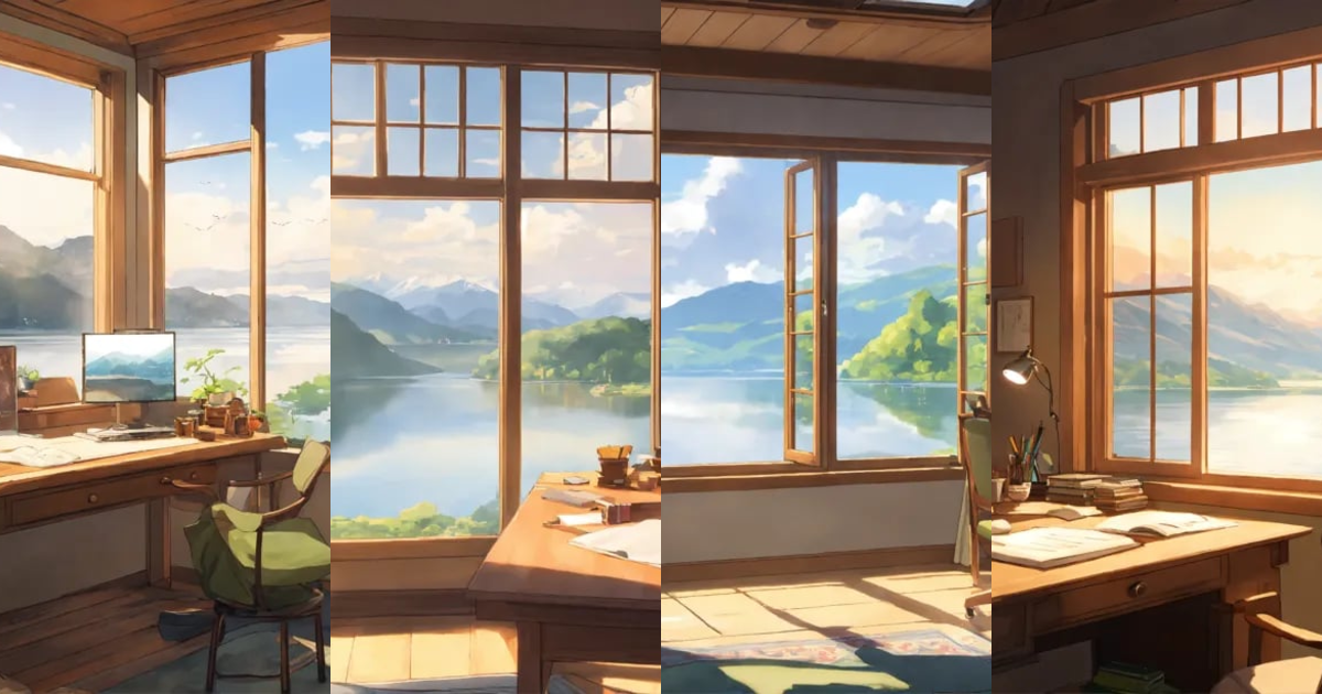 Lexica - Study room in lake side house, light wooden grey acrylic ...