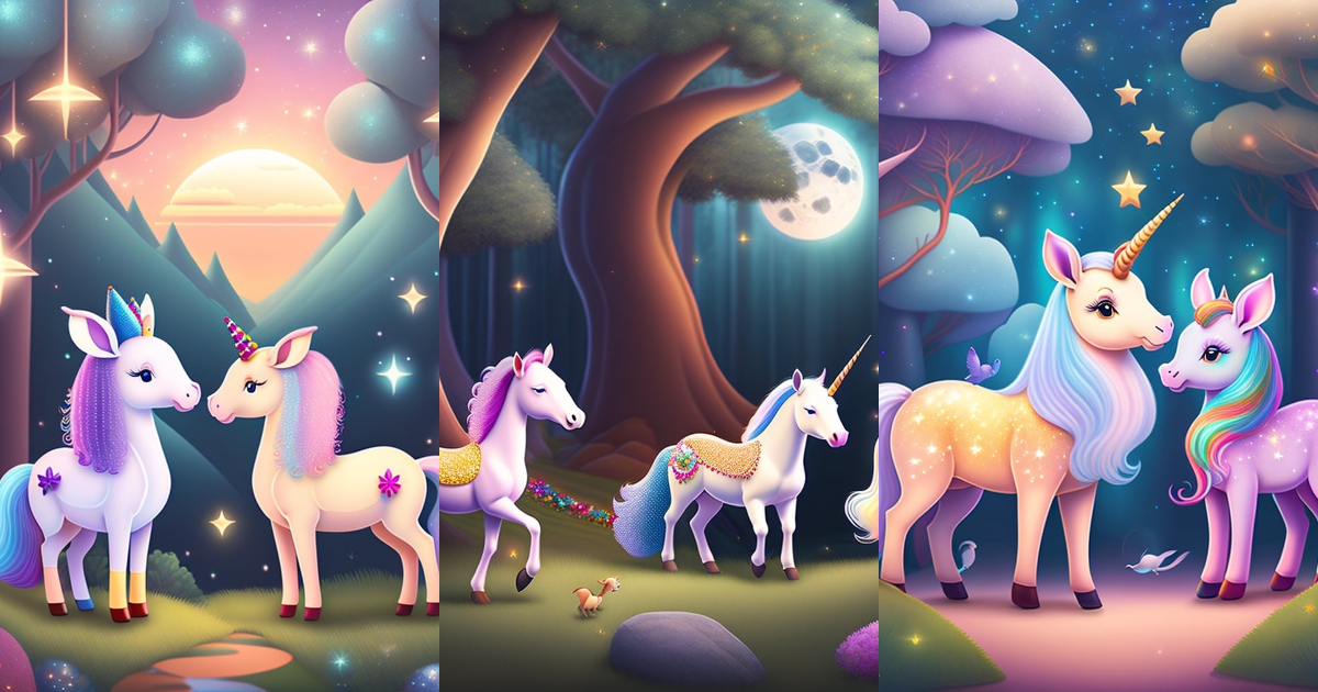 Lexica - Sparkle and Twinkle (Unicorns) walking through the Enchanted Forest, surrounded by tall ...