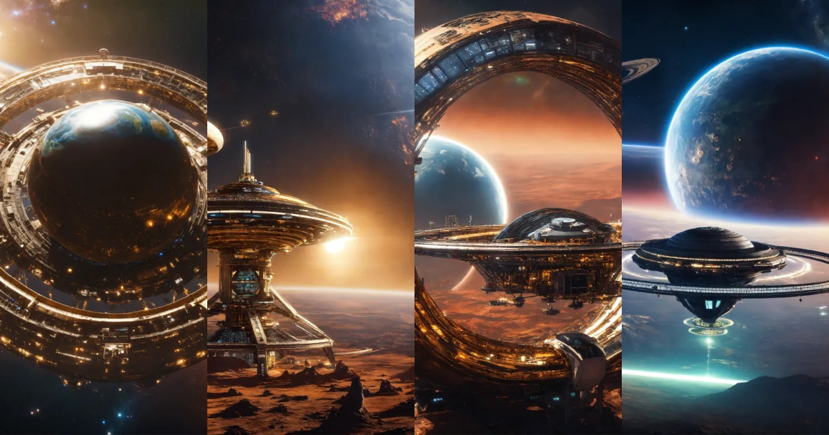 Lexica - Metallic ring space stations around a planet