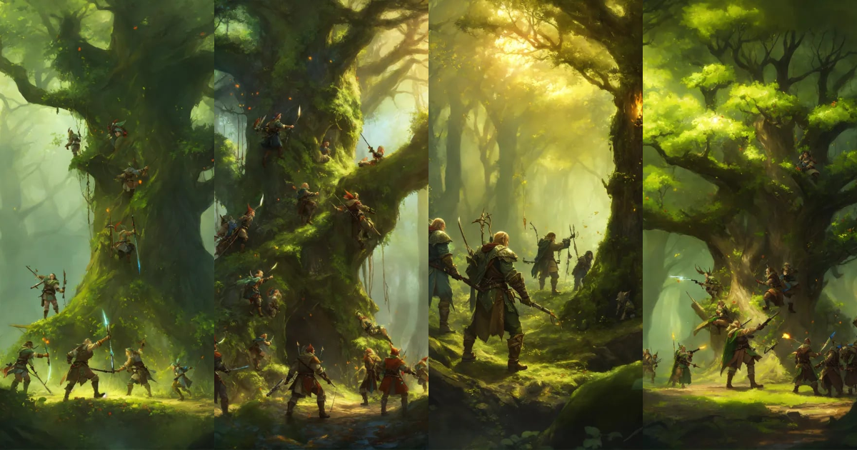 Lexica - Elves shoots orcs from tree branches in a forest concept art