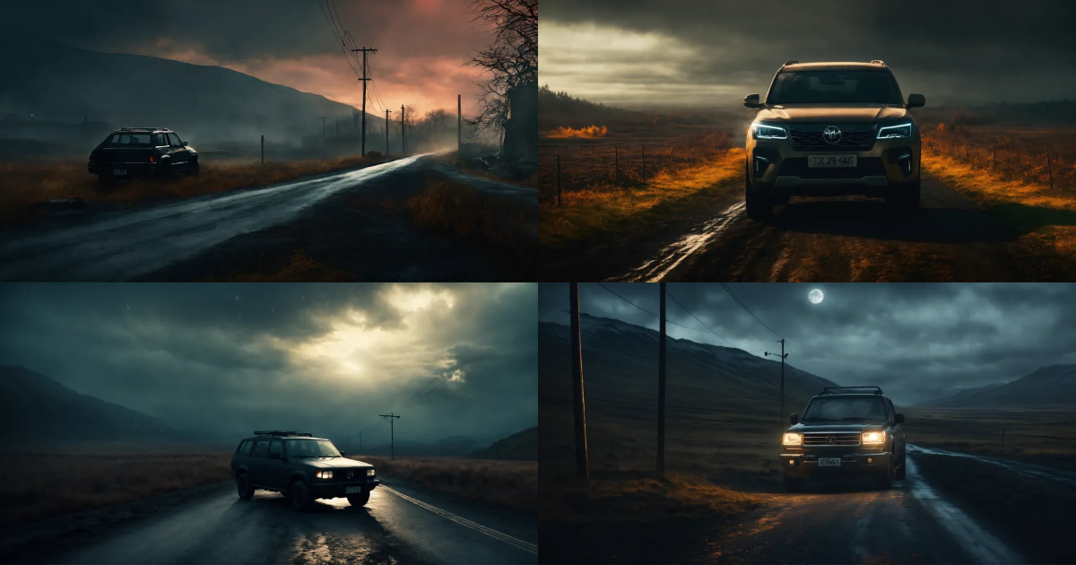 Lexica - Spooky dark road; one car 4x4; scary; realistic; , surreal ...