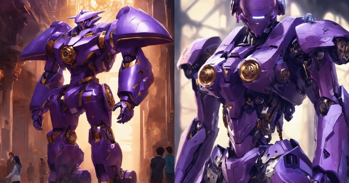 Lexica - Anime art of a royal purple purely mechanical gear large mecha ...