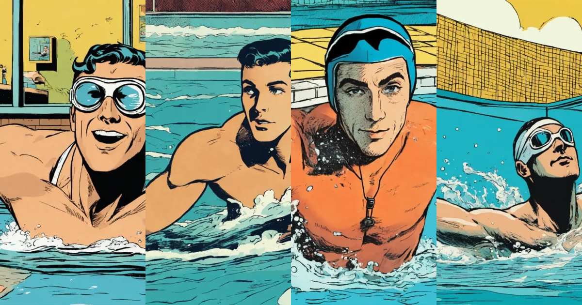 Lexica - Man swimming freestyle in swimming pool, 60s comic book style