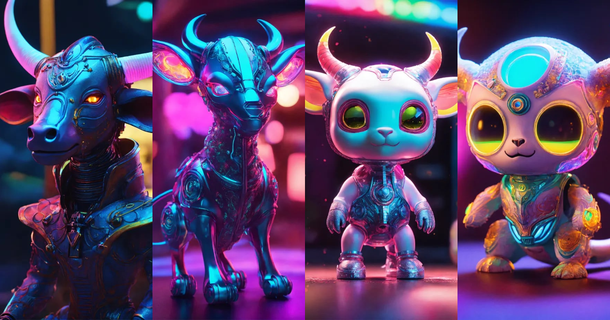 Lexica - Gelly cute adorable alien bull with moon, full-body, neon glow ...