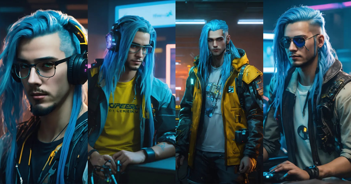 Lexica - Male Cyberpunk college student lab tech, with long blue hair, attractive but not that ...
