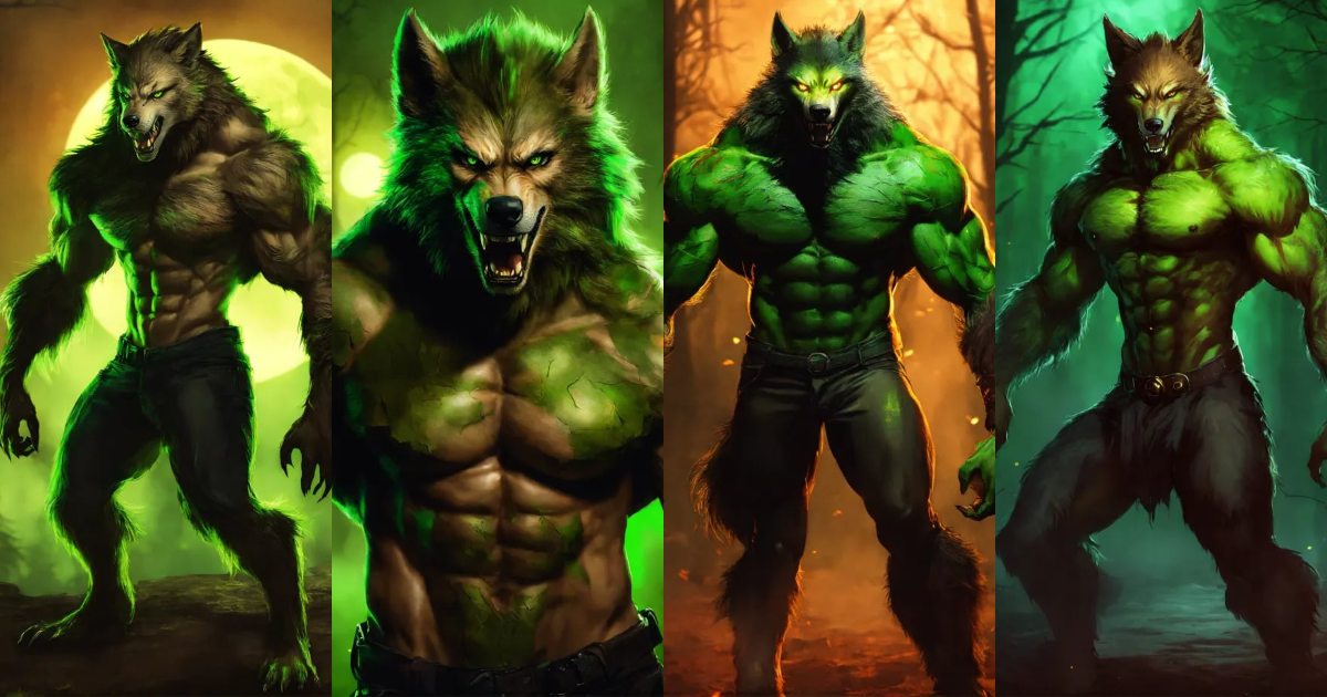 Lexica - Scary werewolf with beautiful green eyes, full body muscular