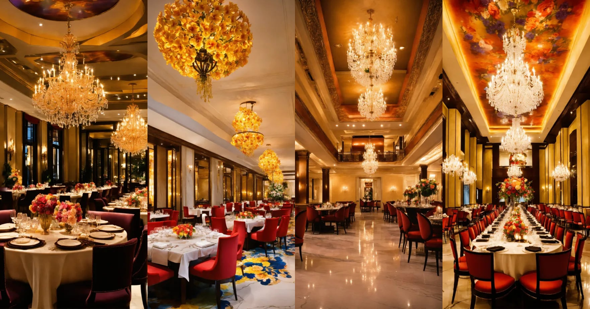 Lexica - Large upscale resturant, elegant dinner tables. colorful ...