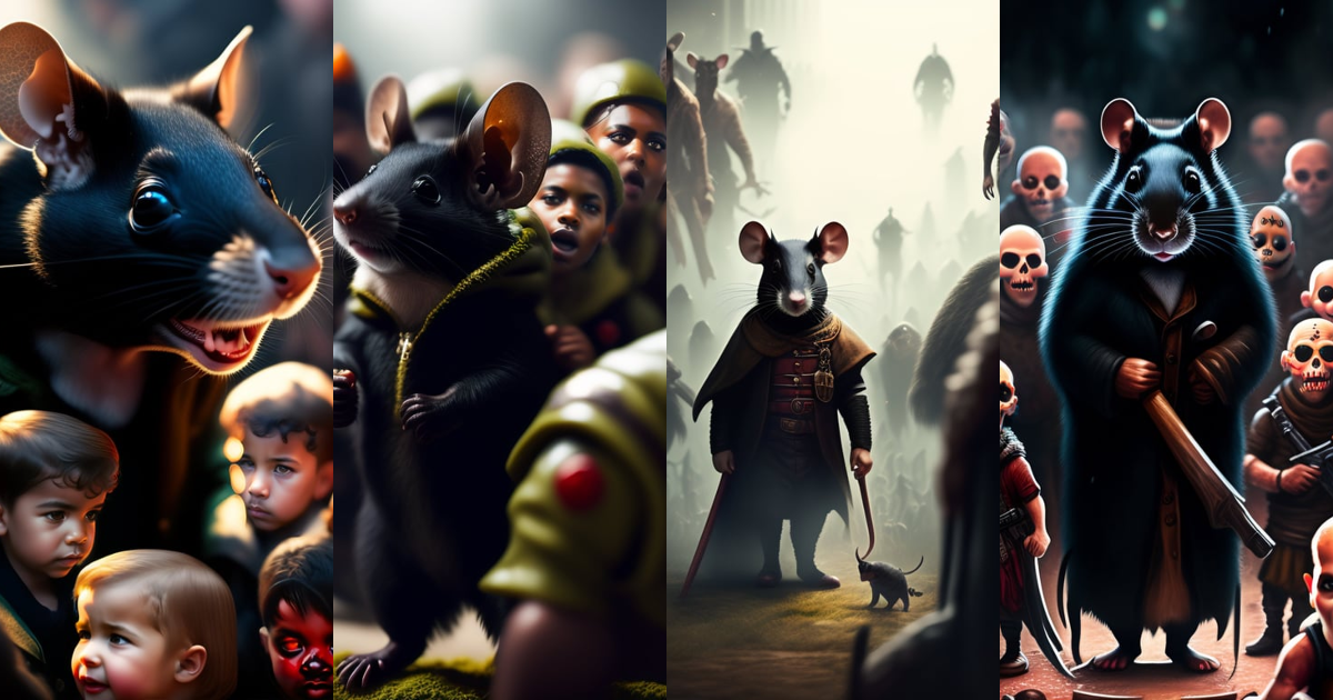 Lexica - A clothed black rat in front of a horde of zombies