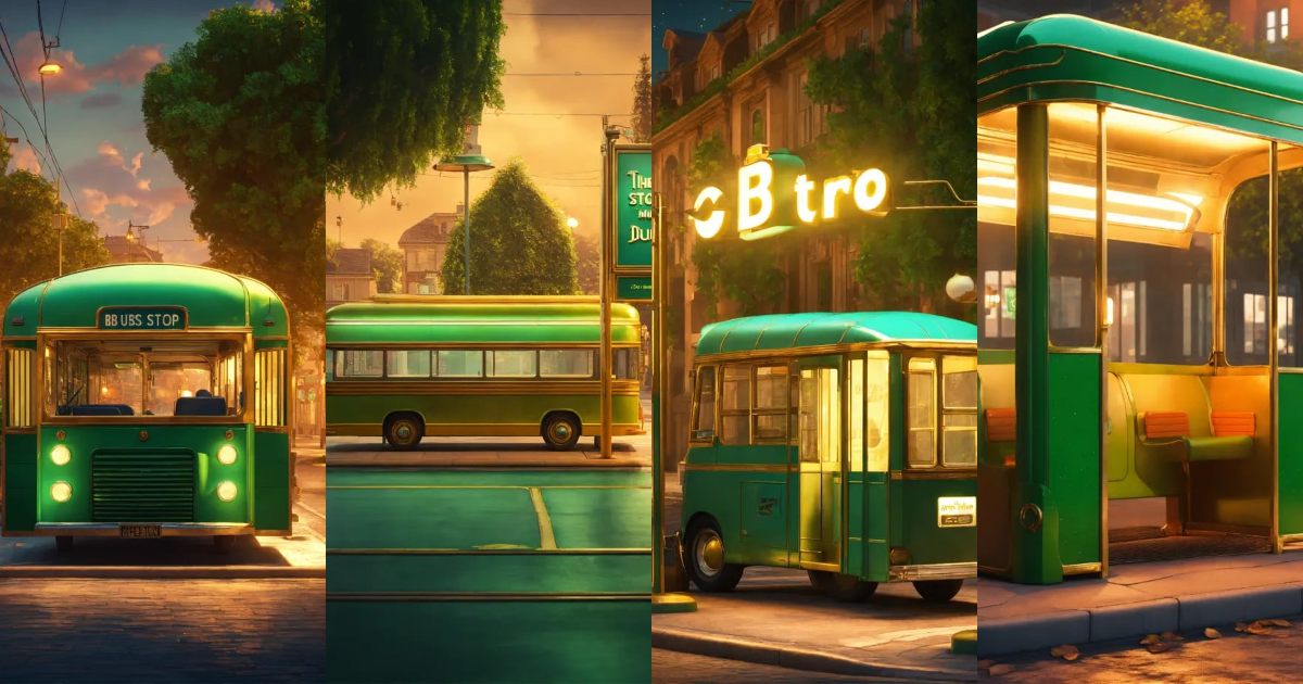 Lexica - Retro bus stop in the town, green colors, gold elements ...