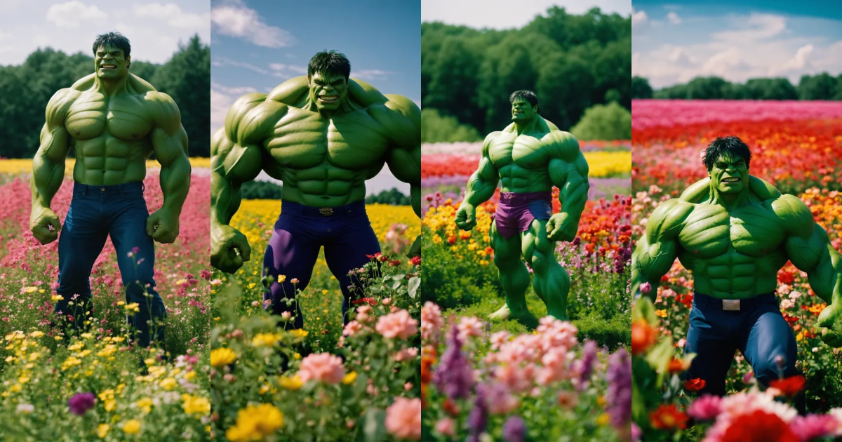 Lexica - Happy Hulk standing in a beautiful field of flowers, colorful ...