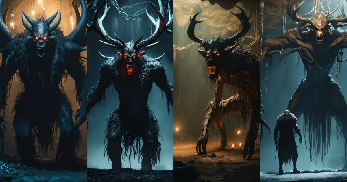 Lexica - Wendigo monster in A scary dark, deep cave with many chains ...