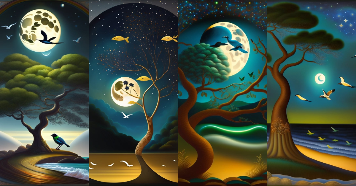 Lexica - Tree with birds , moonlight , full moon, picasso