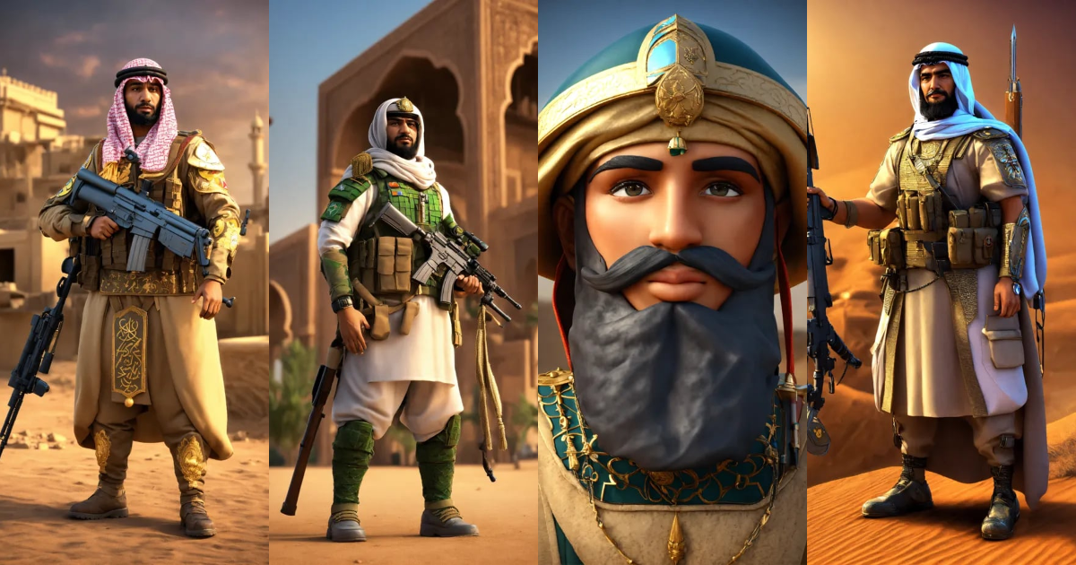 Lexica - Arab, moslem, mascot 3d, war , commander , troops