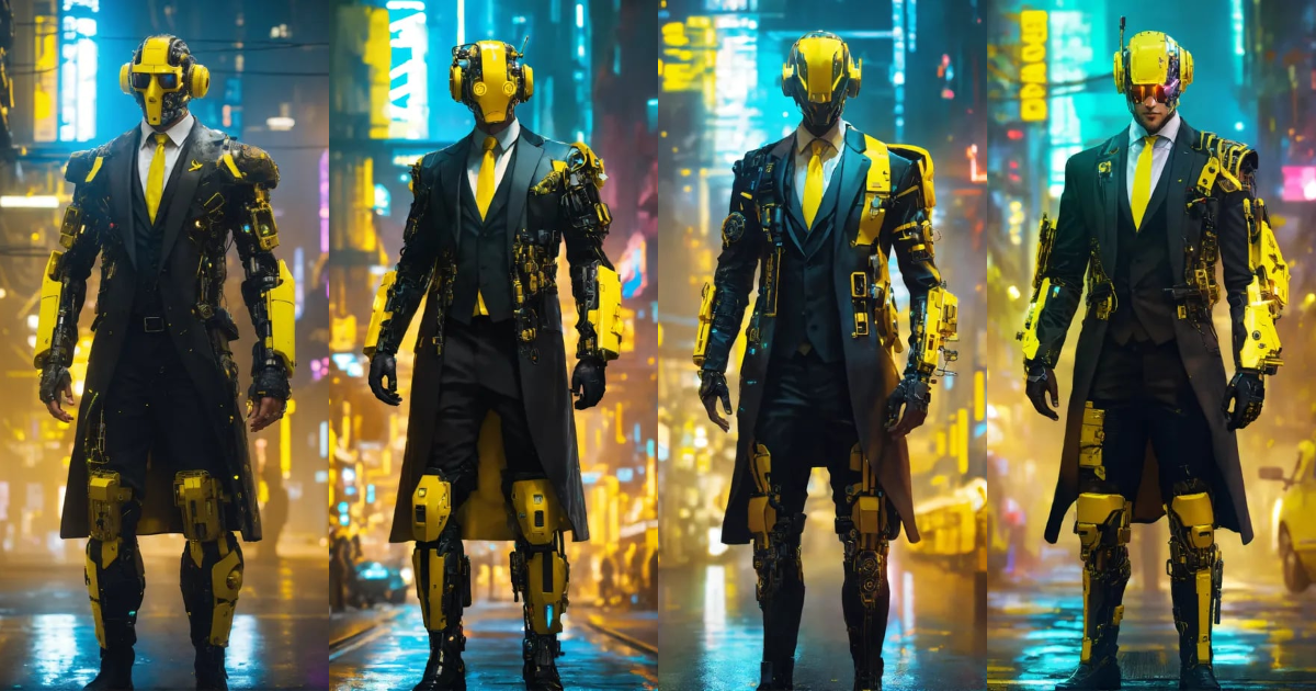 Lexica - Cyberpunk cyborg with yellow cybernetic parts. Mostly human ...
