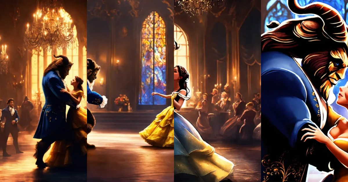 Lexica - Epic beautiful shot of the Beauty and the Beast dancing, dark ...