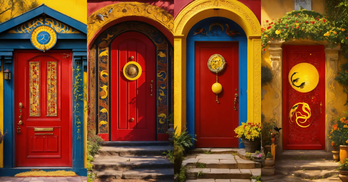 Lexica - Mystical red yellow door in the garden with snakes birds sun ...
