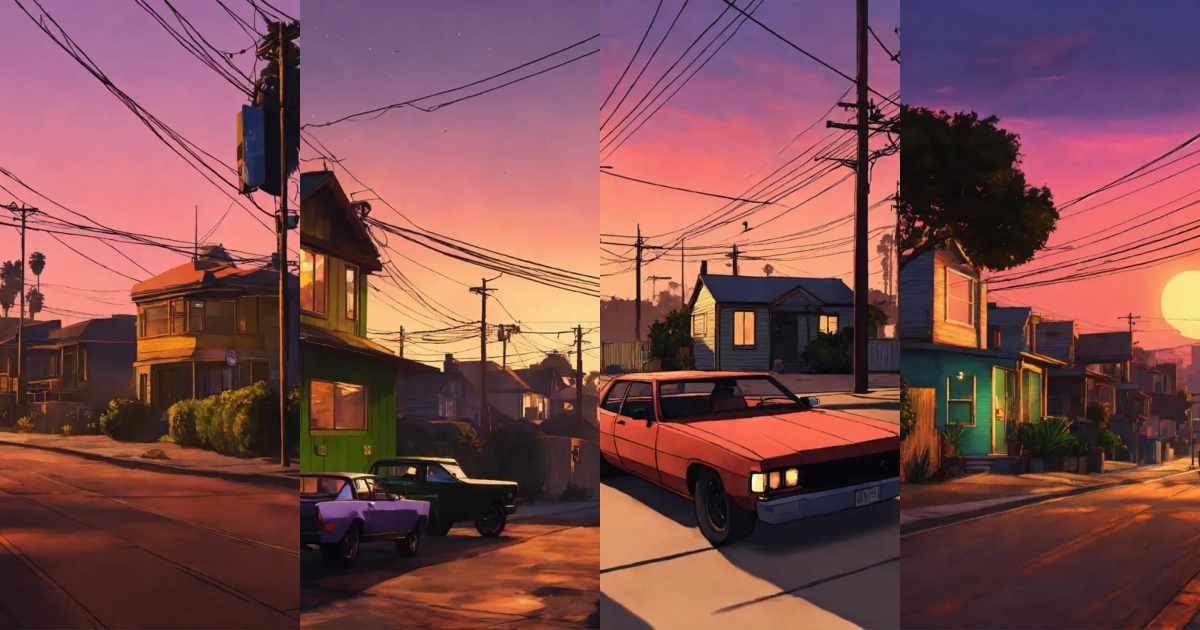Lexica - Bare dusk Australian culdesac gta 5 style art