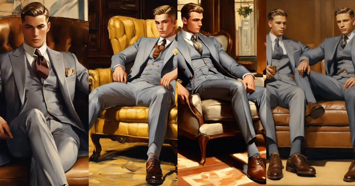 Lexica - A muscular male Ceo in grey vested suit, club tie, seating on ...