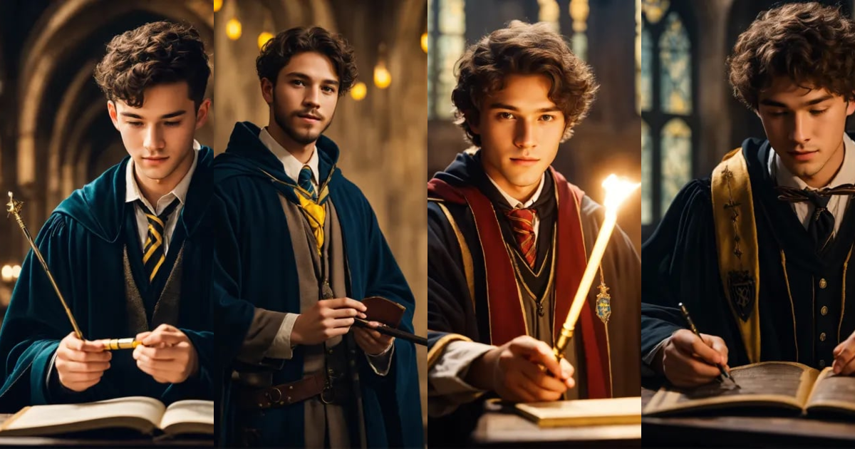 Lexica - Cute man young wizard, inside Hogwarts with a magic wand in ...