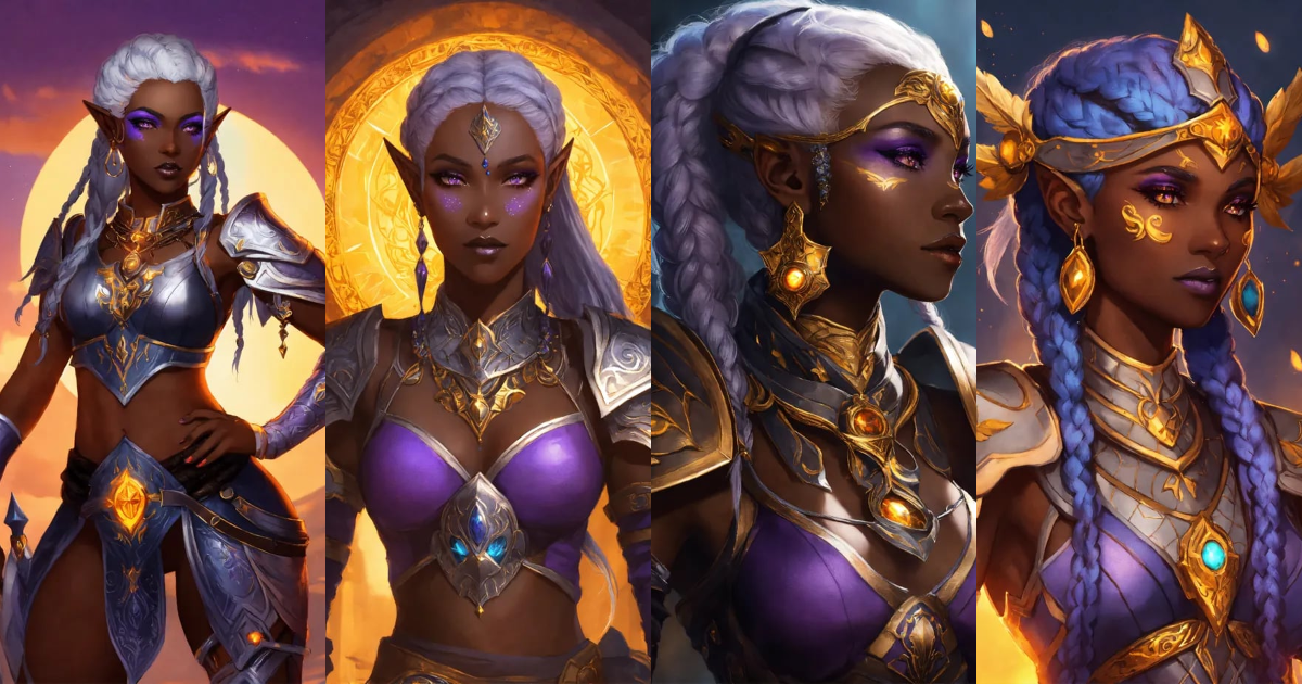 Lexica - A beautiful drow woman in sun themed armor. she has black braids and dark gray skin ...