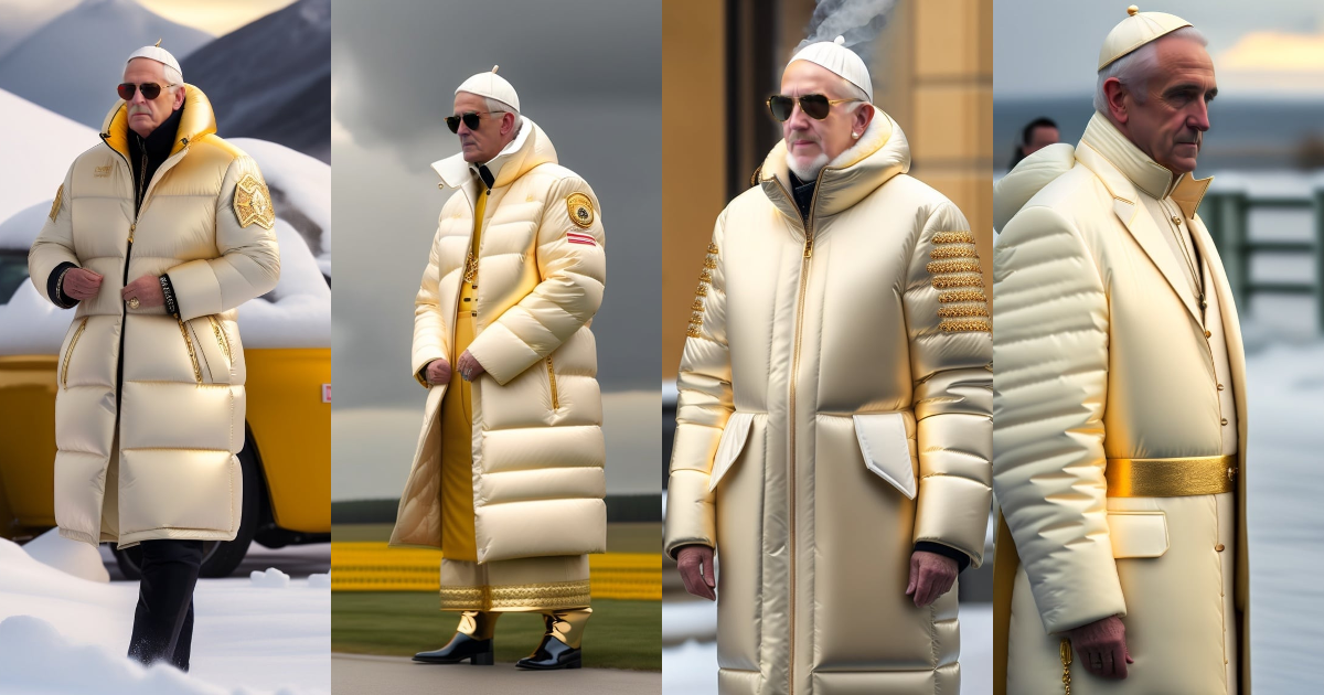 Lexica - The Pope wearing a full length white down shiny puffy jacket ...