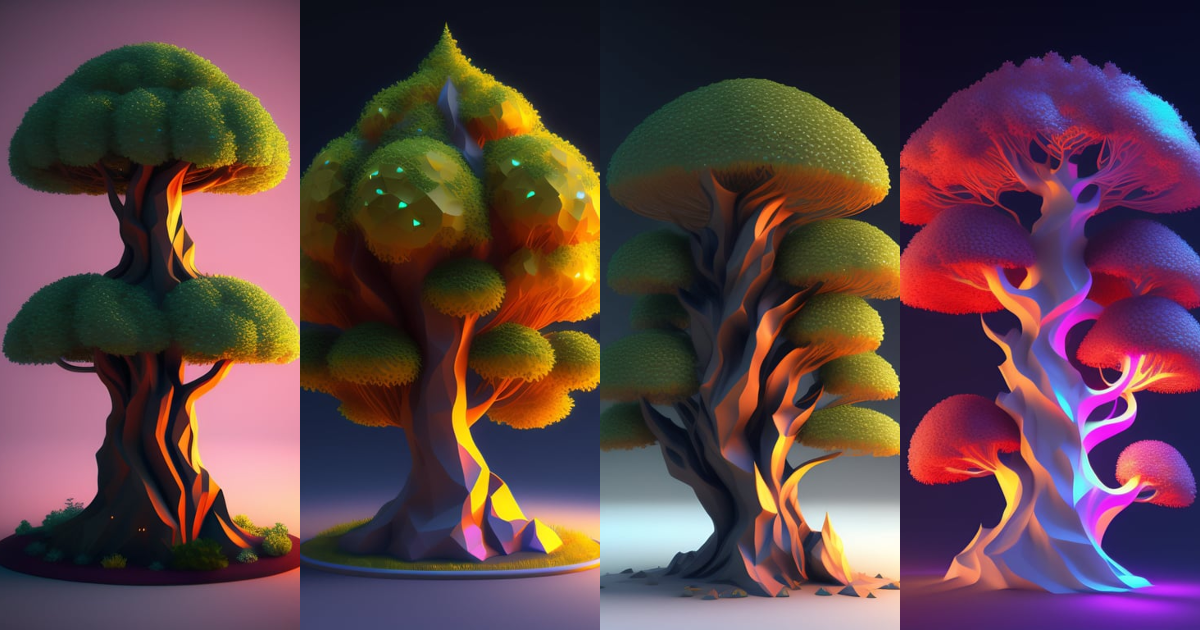 Lexica - 3D model of an alien tree with bioluminescent flowers, low ...