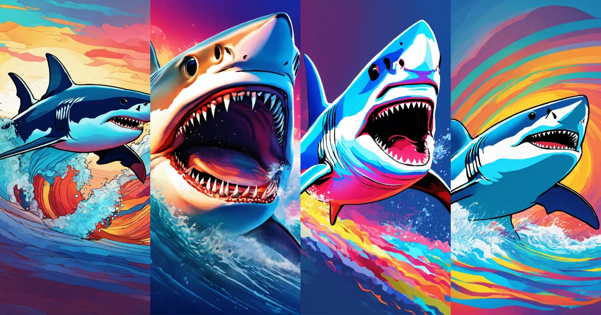 Lexica - Very color background with a great white shark busting through ...