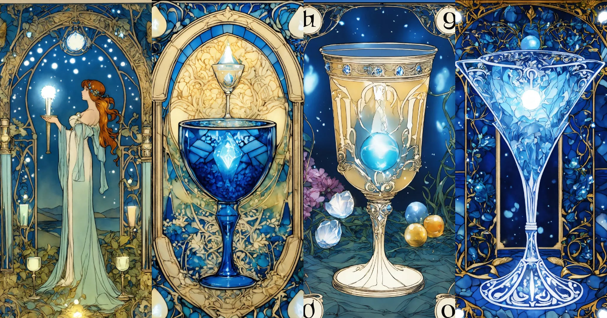 Lexica - Art Nouveau tarot card blue and white glowing ten crystal goblets