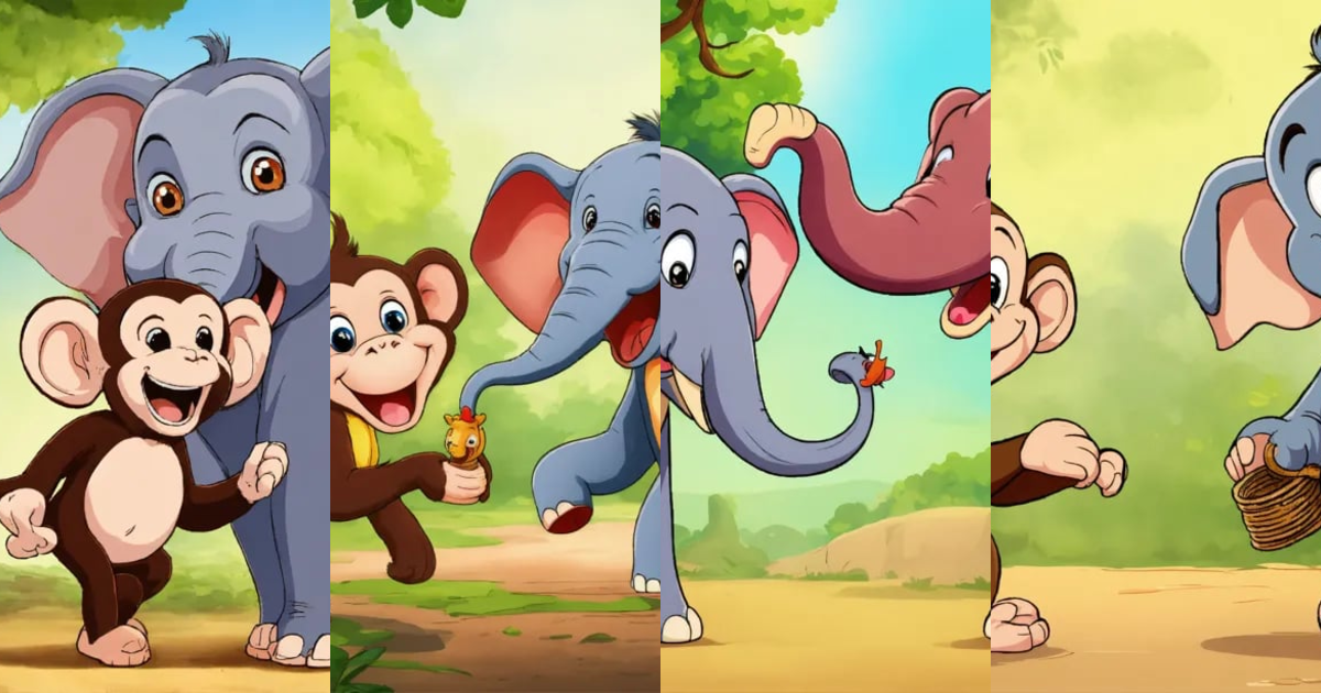 Lexica - Monkey and elephant laughter together cartoon