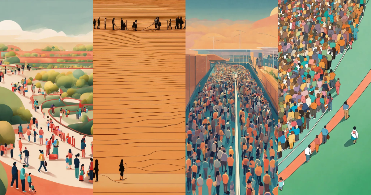 Lexica - People waiting in long line to pay, that curves and disappears ...