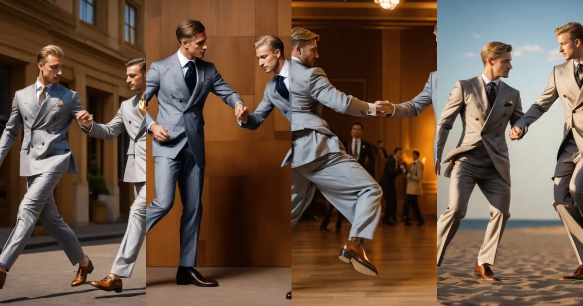 Lexica - Two young blonde male lawyers in light grey satin pinstripe ...