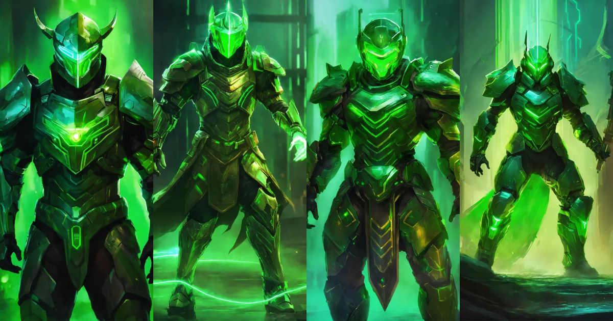 Lexica - Concept art of a green glowing armoured fighting spirit ...