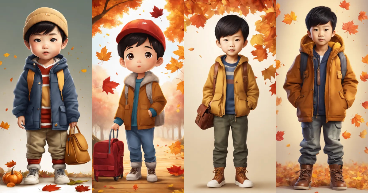 Lexica - Cartoon cute little Asian boy wearing fall clothes, no bag ...