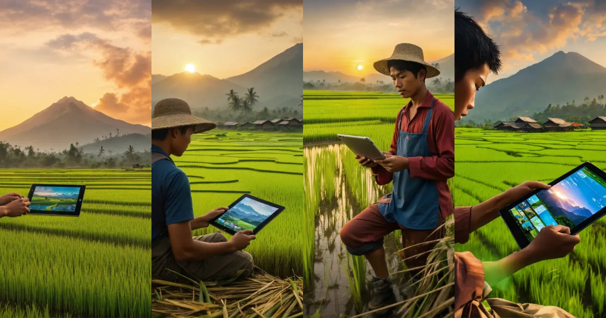 Lexica - Young farmer using ipad tab in the middle of rice fields, face ...