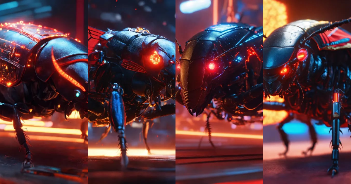 Lexica - Zoom out shot of fierce black cockroach humanoid with red ...