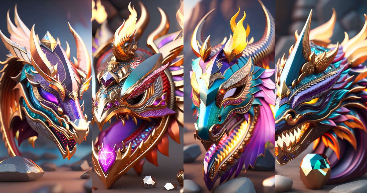 Lexica - Dragon mask with precious gems and surrounded by fire. In the ...