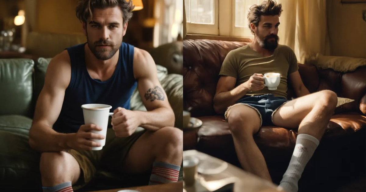 Lexica - Scruffy British man, wearing transparent shorts and vintage ...