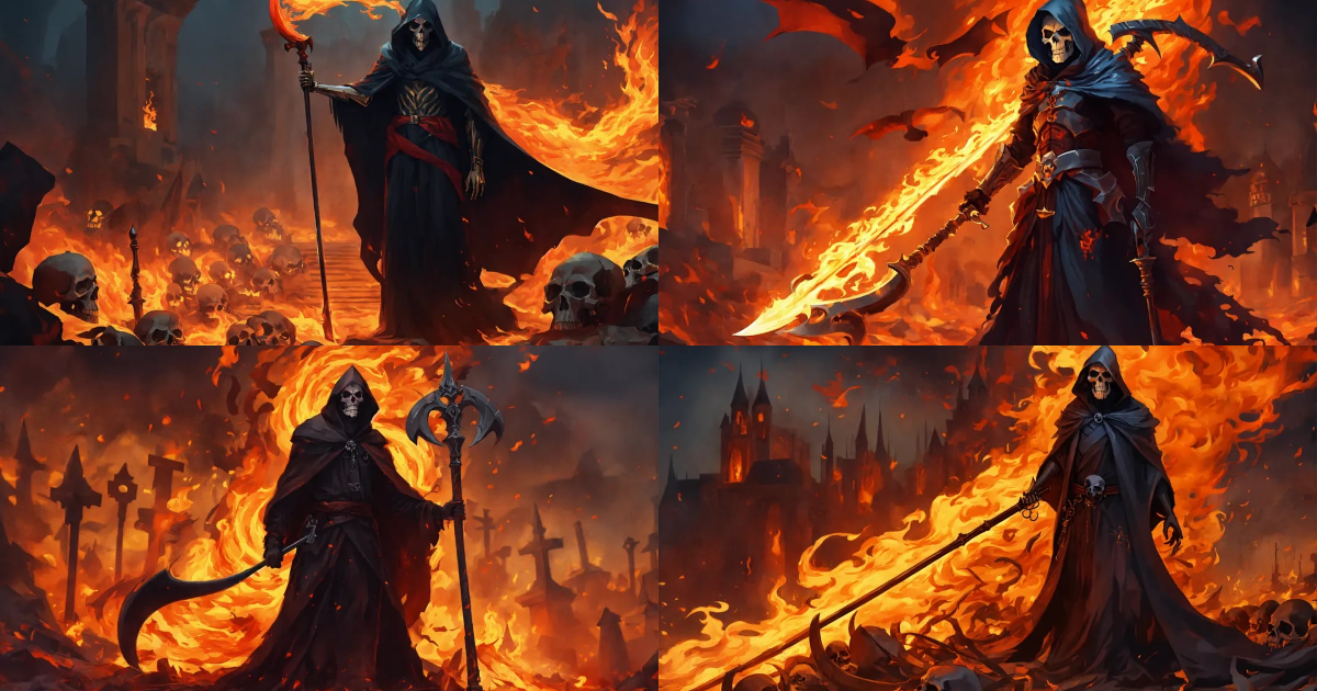 Lexica - Menacing grim reaper with flaming scythe, tattered flowing ...