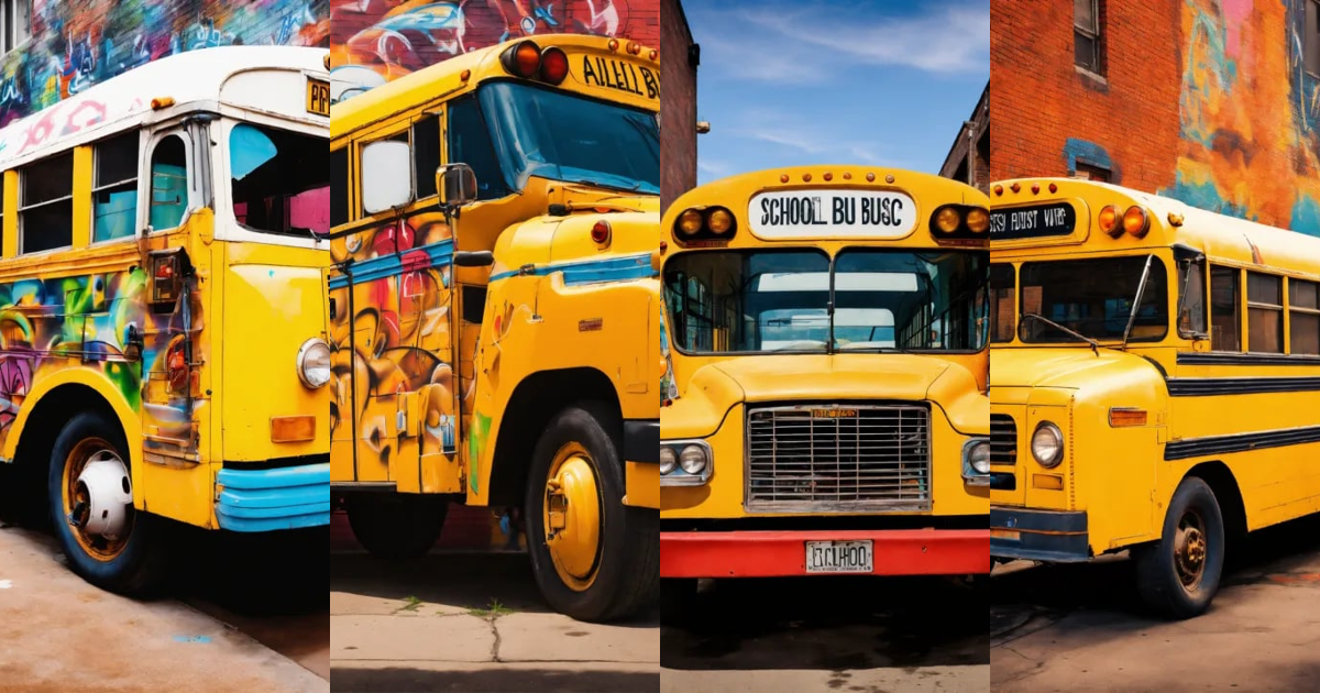 Lexica - Realistic graffiti on an alleyway wall of a 60's school bus ...