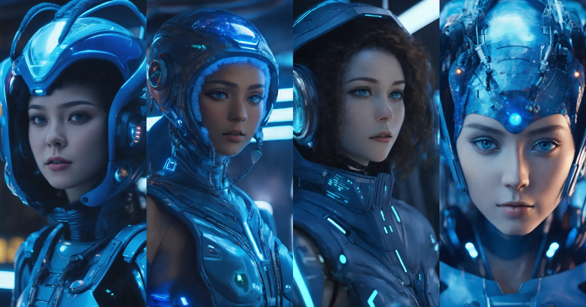 Lexica - Zoom out of a wise fuzzy blue alien girl on hi tech mother ...