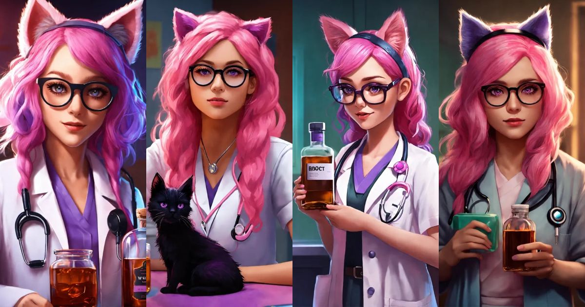 Lexica - Female doctor, with long pink hair, with cat ears color black ...
