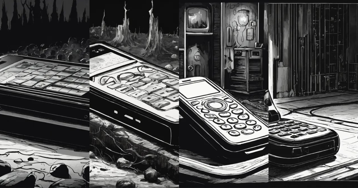 Lexica - Black and white illustration of evil cell phone, in dark room ...