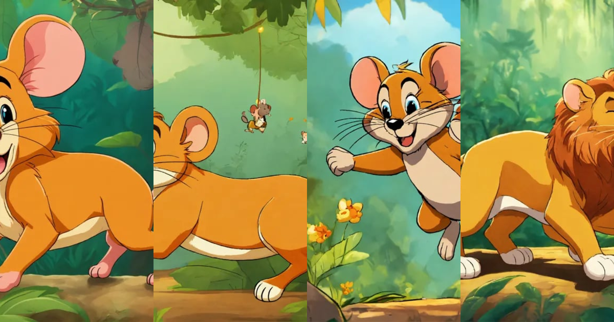 Lexica - Cartoon mouse jumping on lion while sleeping in jungle